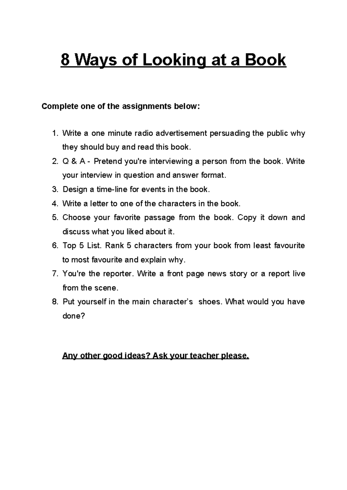 8 Ways to Analyze a Book: Creative Assignments & Activities 2V ...