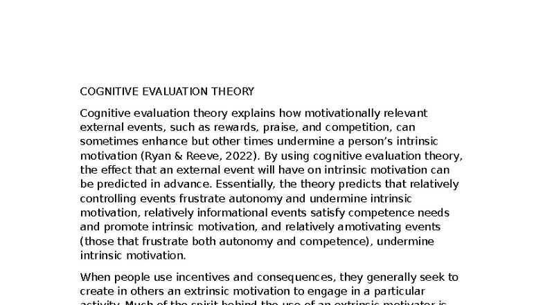 COG 5: Cognitive Evaluation Theory and Its Impact on Motivation - Studocu