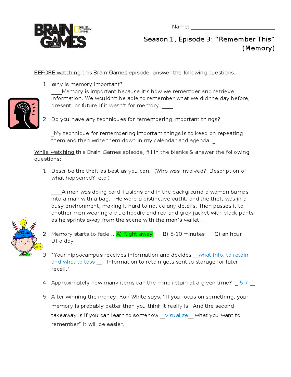 Brain Games Worksheet: Season 1, Episode 3 (Memory) - Studocu