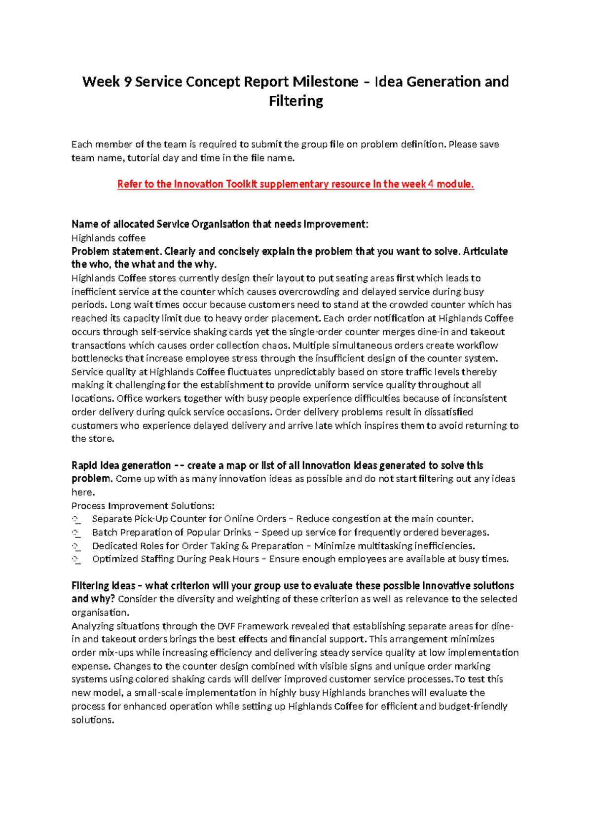 Week 9 M2: Service Concept Report - Idea Generation & Filtering - Studocu