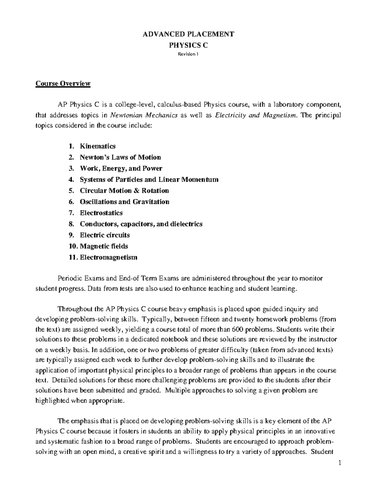 AP Physics C: Mechanics and Electricity & Magnetism Course Outline ...