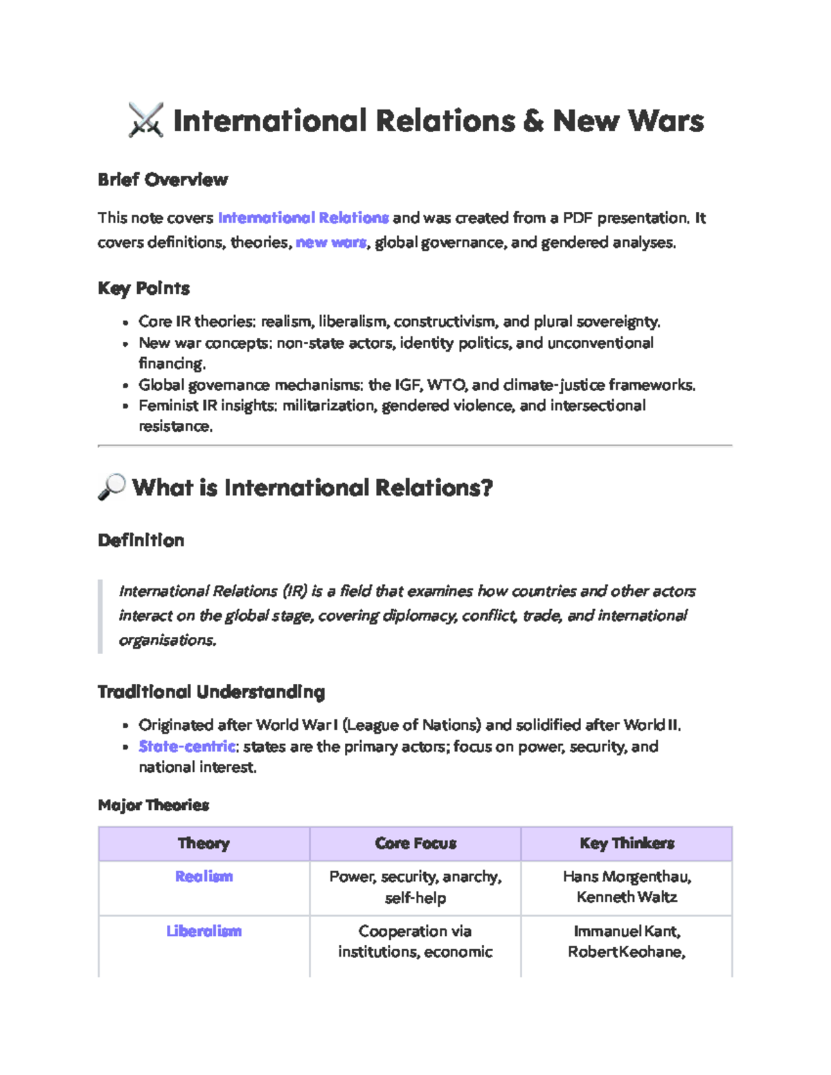 International Relations (IR) Overview: Key Theories & Concepts - Studocu