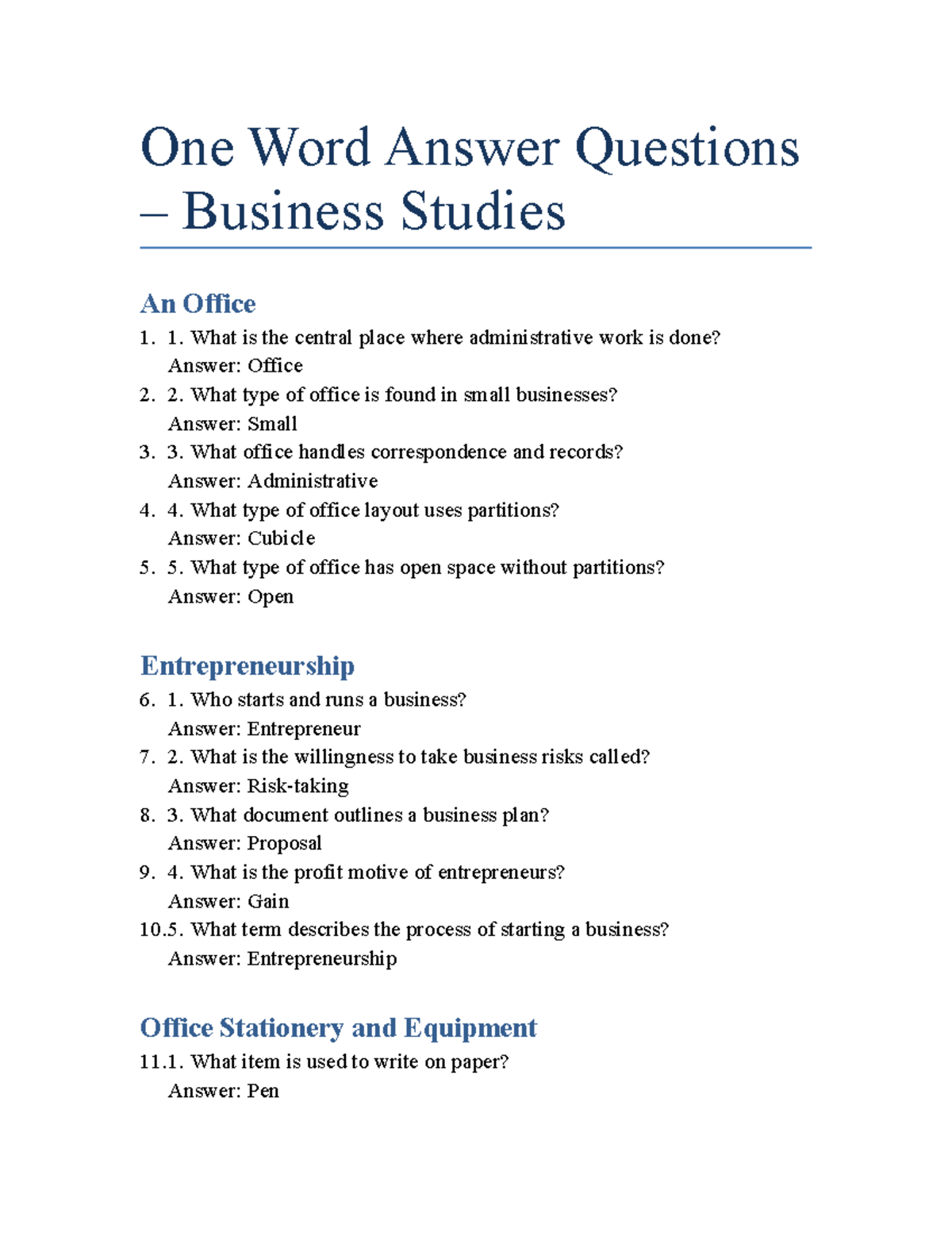 Business Studies One Word Answer Questions (BS101) - Studocu