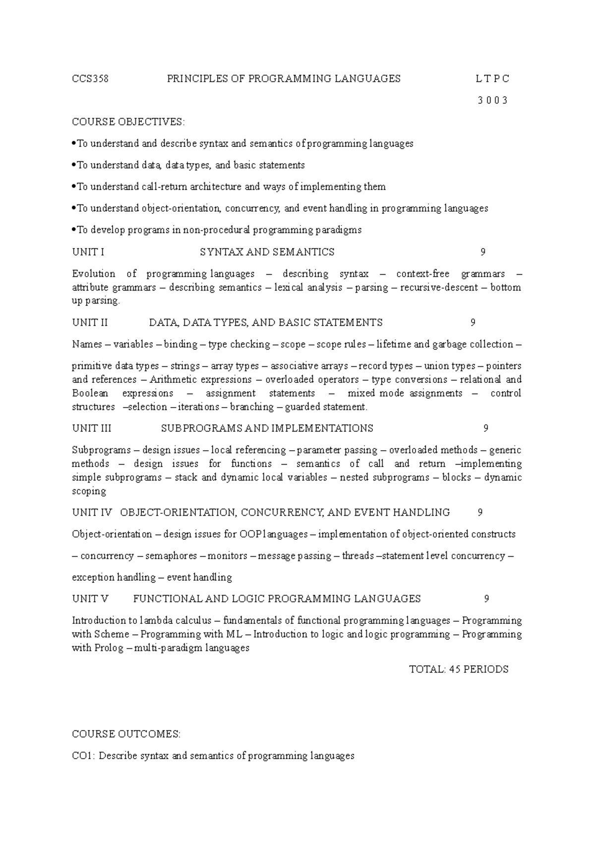 CCS358 Principles of Programming Languages Syllabus Overview - Studocu