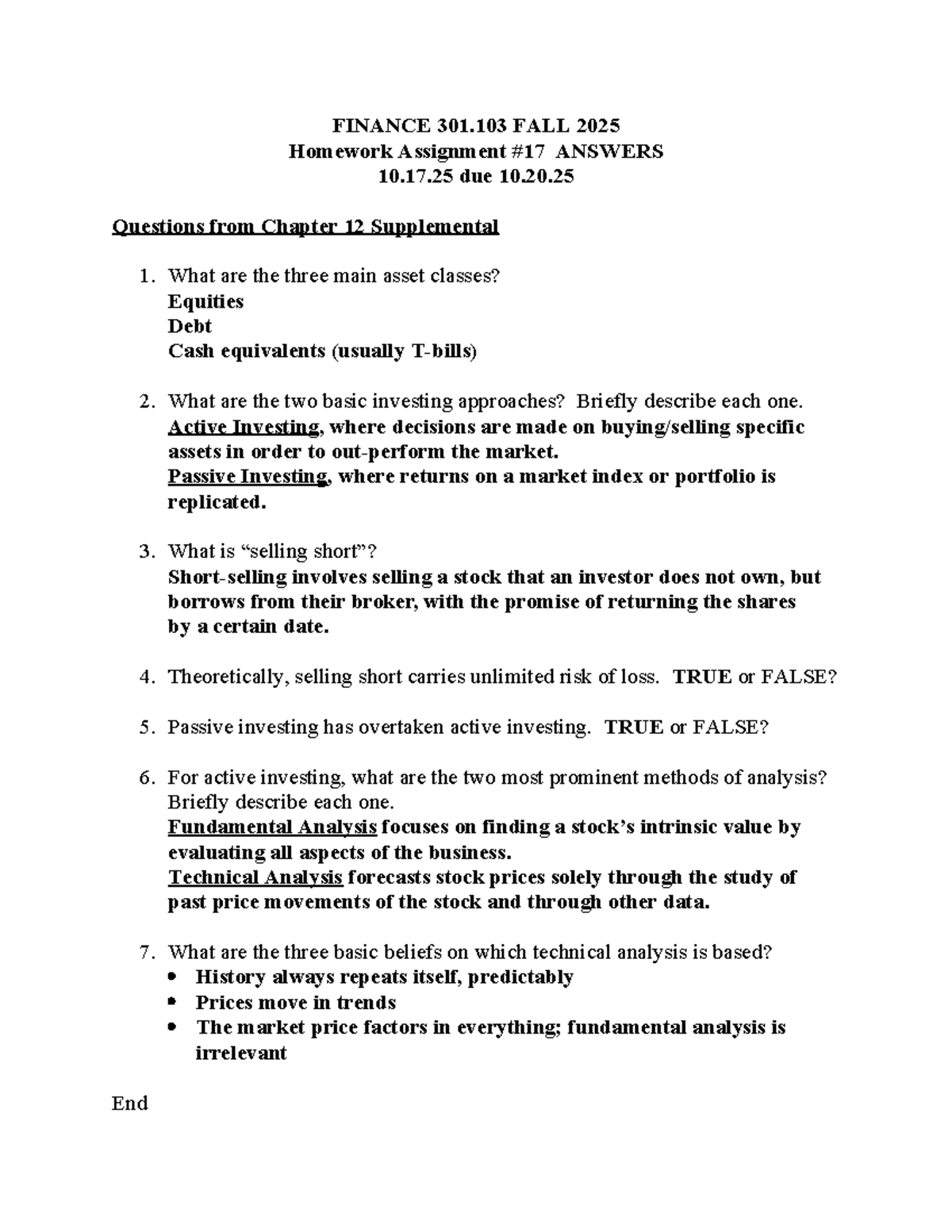 FINANCE 301.103 FALL 2025 Homework Assignment #17 Answers - Studocu