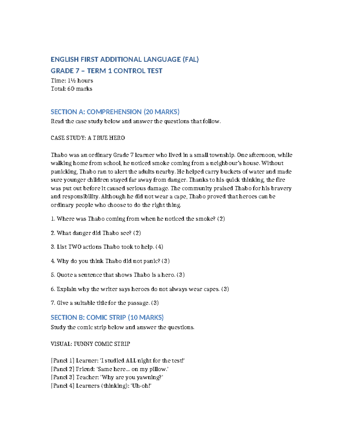 ENGLISH FAL GRADE 7 TERM 1 CONTROL TEST: COMPREHENSION & COMIC STRIP ...