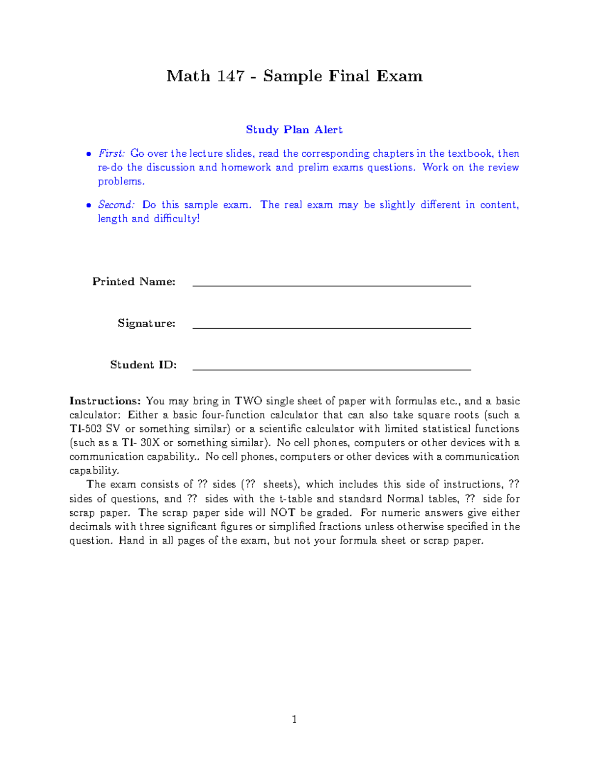 Math147 Sample Final Exam Solutions - Comprehensive Review Guide - Studocu