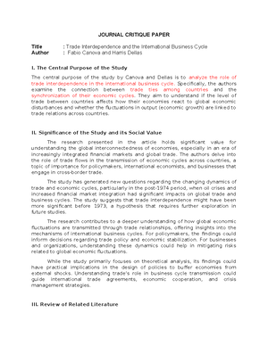 Journal Critique Paper - Standard International Business Cycle Model ...