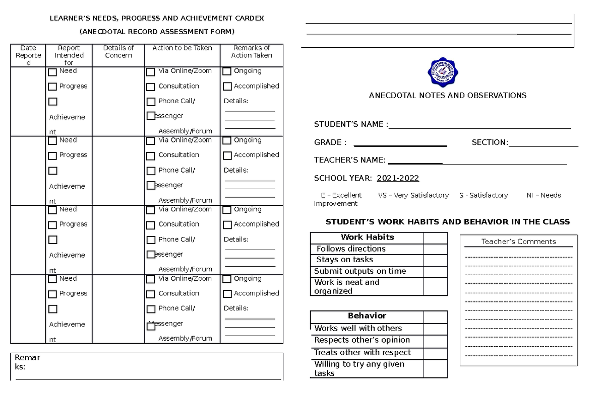 Anecdotal Record Assessment Form - Learner’s Progress & Achievement - Studocu