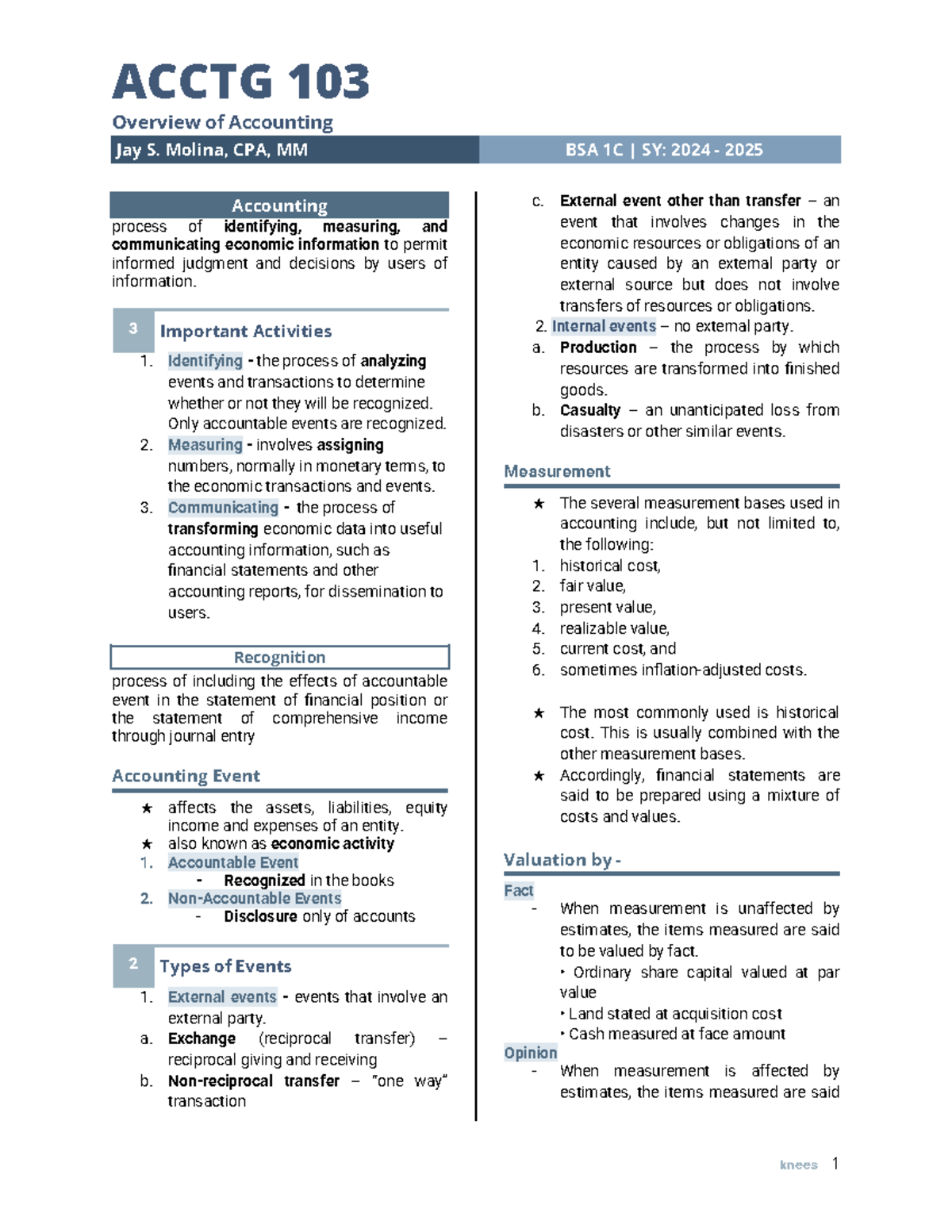 Accounting Notes 2 - ACCTG 103 Overview of Accounting Jay S. Molina ...