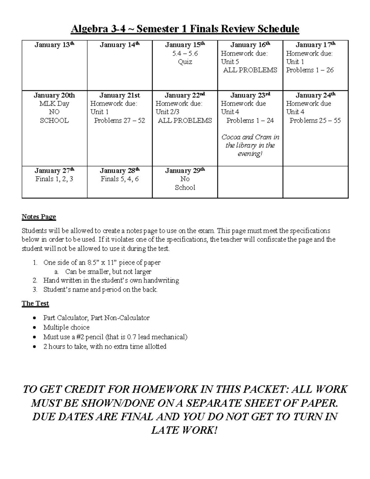 Algebra 3-4 Semester 1 Final Exam Review Packet 2025 - Studocu