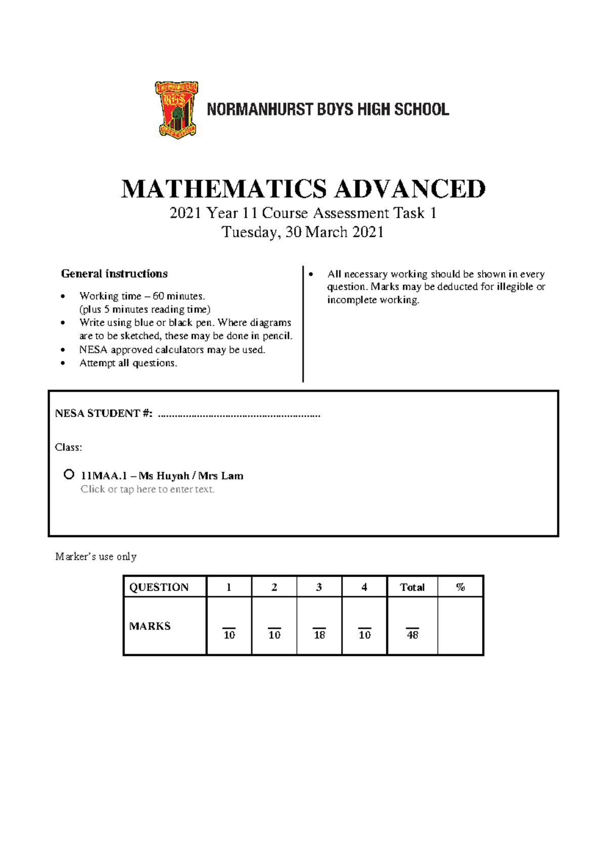 MATHEMATICS ADVANCED 2021 Year 11 Assessment Task 1 Question Paper ...