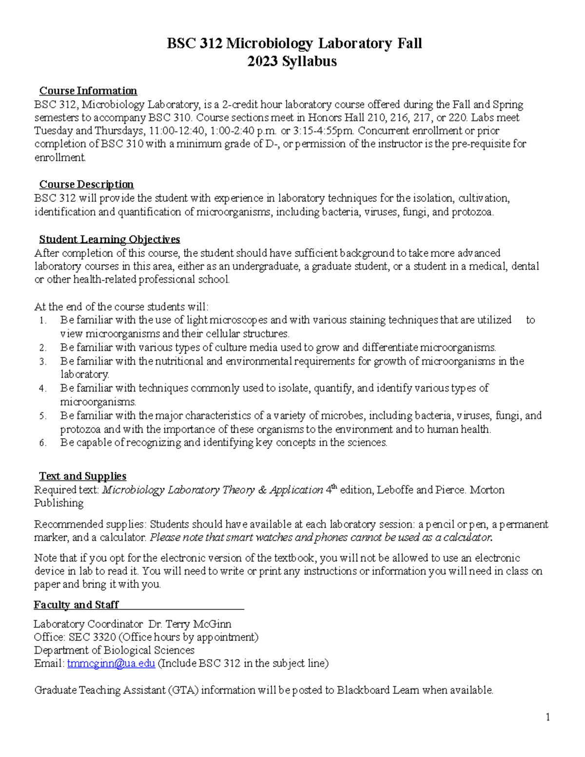 BSC 312 Fall 2023 Microbiology Laboratory Syllabus & Schedule Overview ...
