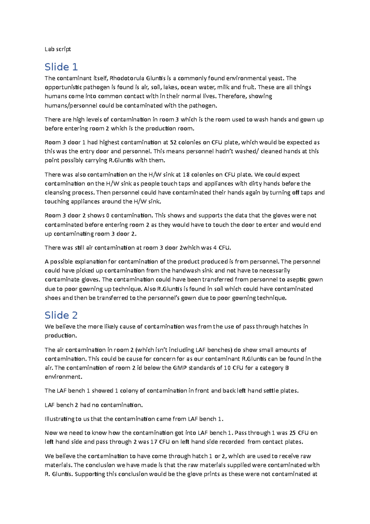 Lab Script Analysis: Contamination of R. Gluntis in Production Rooms ...