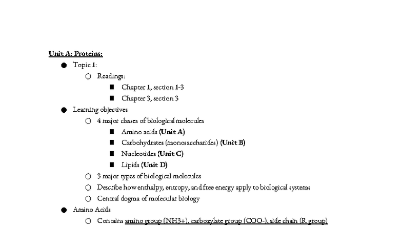 Biochem 2280A Lecture Notes: Unit A - Proteins & Biological Molecules ...