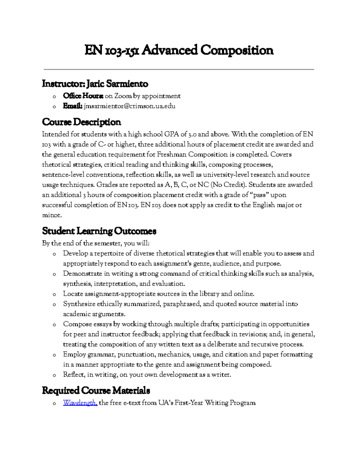 Syllabus for EN 103: Advanced composition course details and ...