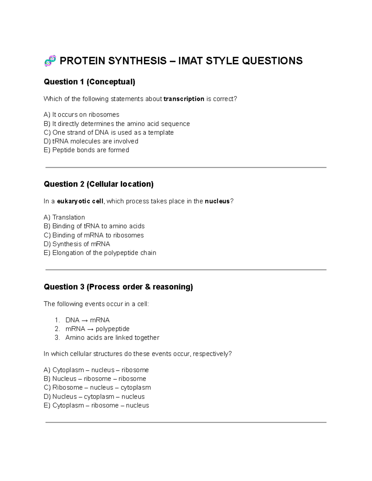 Protein Synthesis - IMAT Style Questions and Answers - Studocu