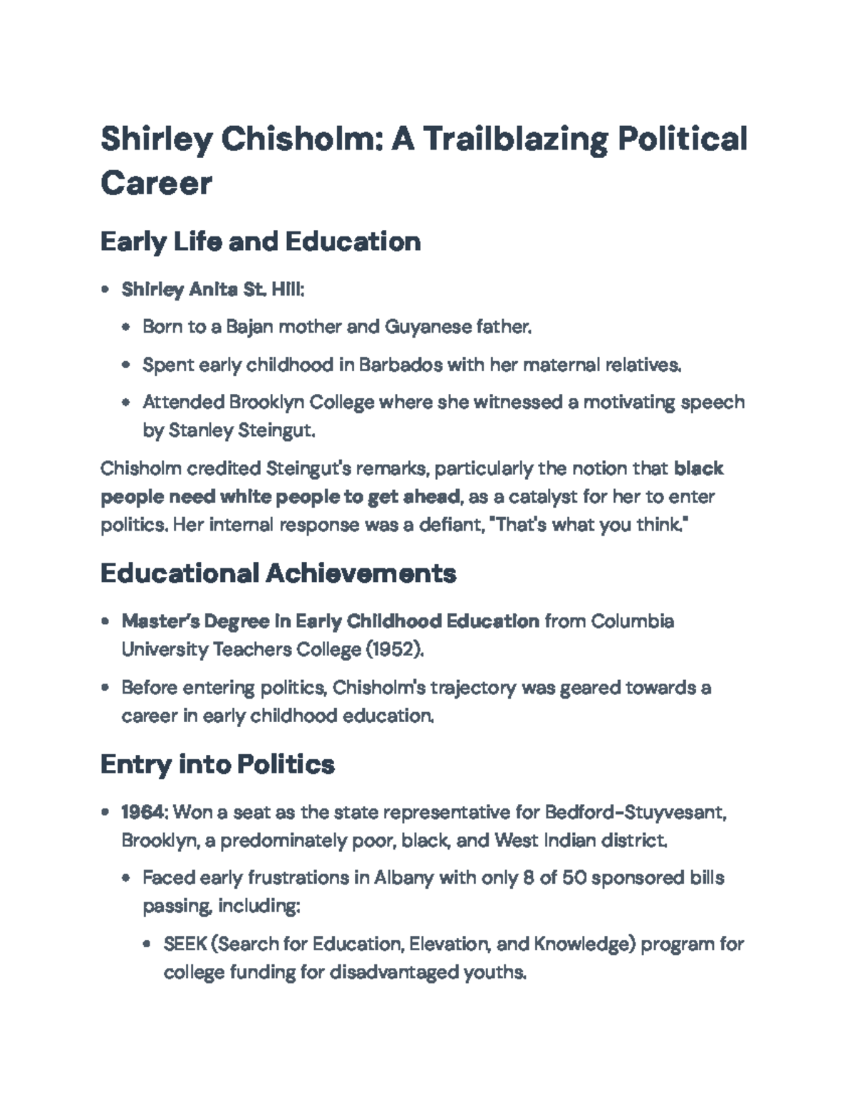 Shirley Chisholm: Trailblazer in Politics and Gender Equality (HIST 205 ...