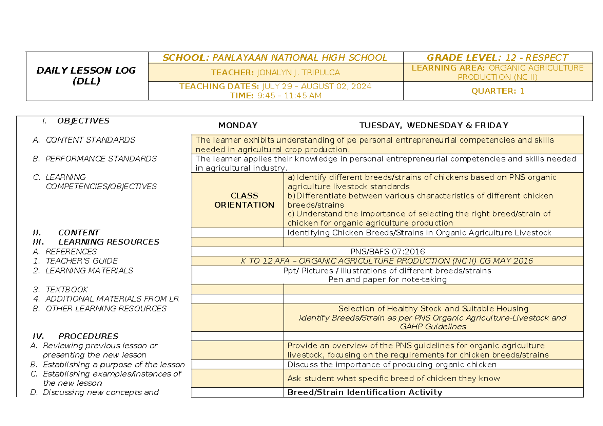 OAP 12 - WEEK 1 DAILY LESSON LOG on Chicken Breeds & Strains - Studocu