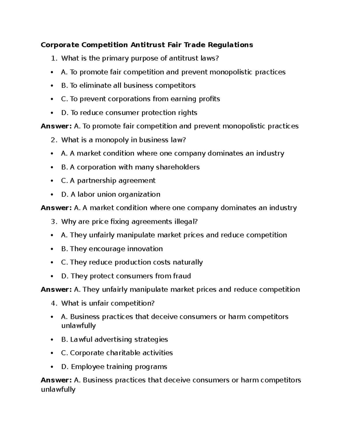 Corporate Competition Antitrust Regulations Study Guide - Studocu