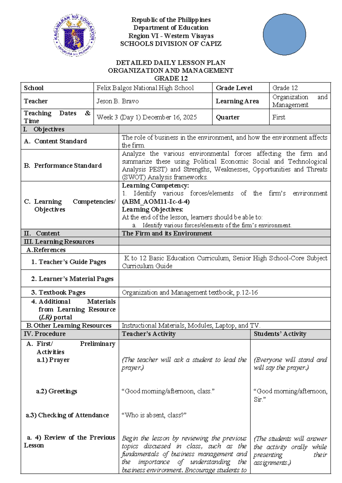 DLP-Grade 12 Organization and Management Daily Lesson Plan - Studocu