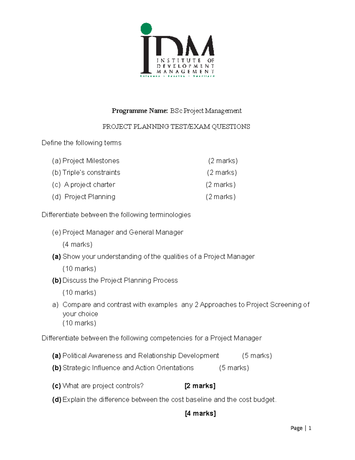 BSc Project Management: Sample Exam Questions on Project Planning - Studocu