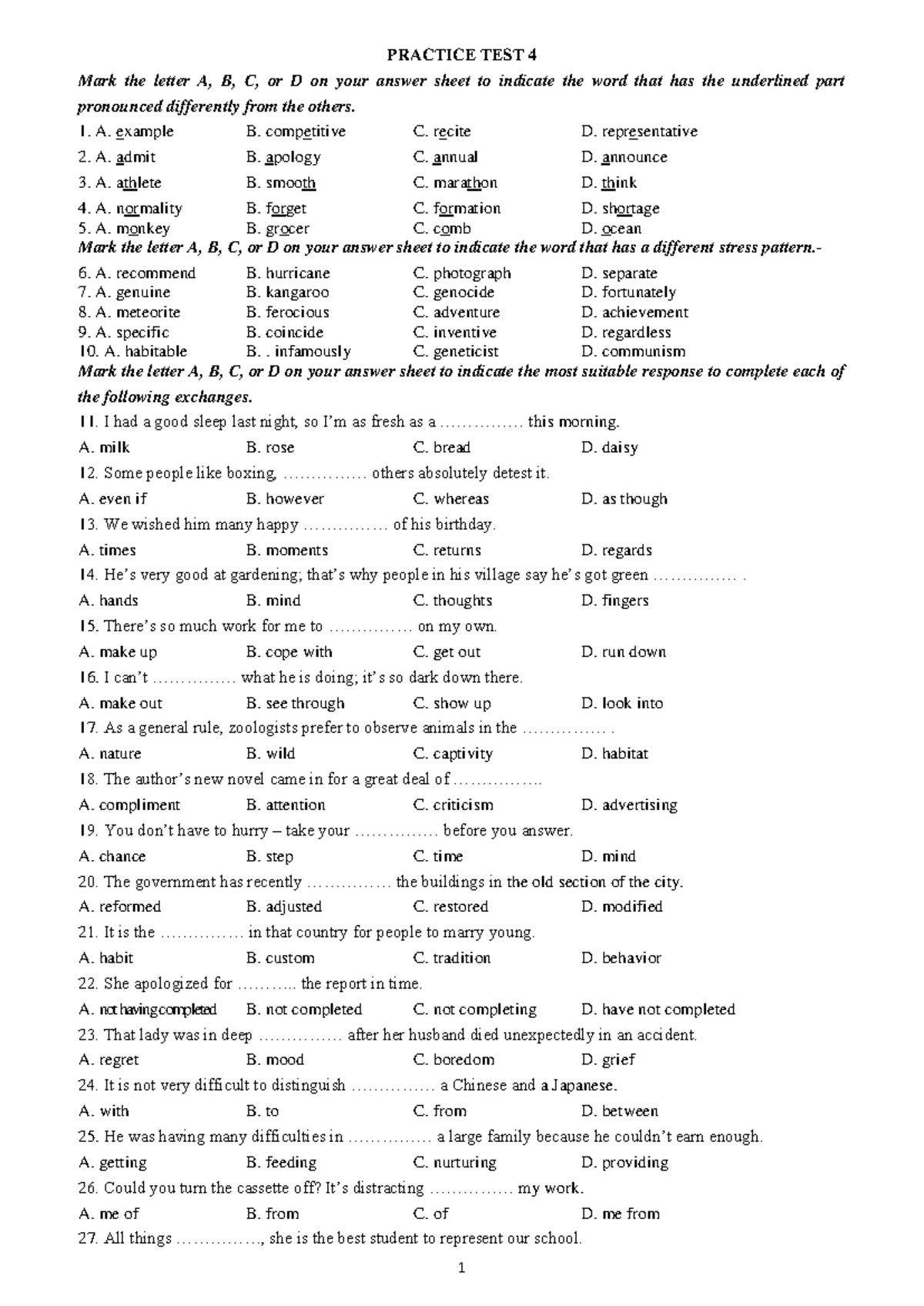 Practice TEST 4-HS: Listening Skills and Vocabulary Exercises - Studocu
