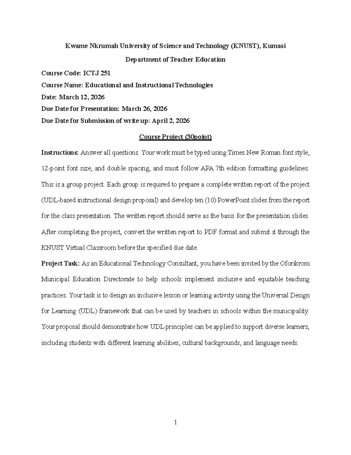 KNUST ICTJ 251 Course Project: UDL-Based Instructional Design - Studocu