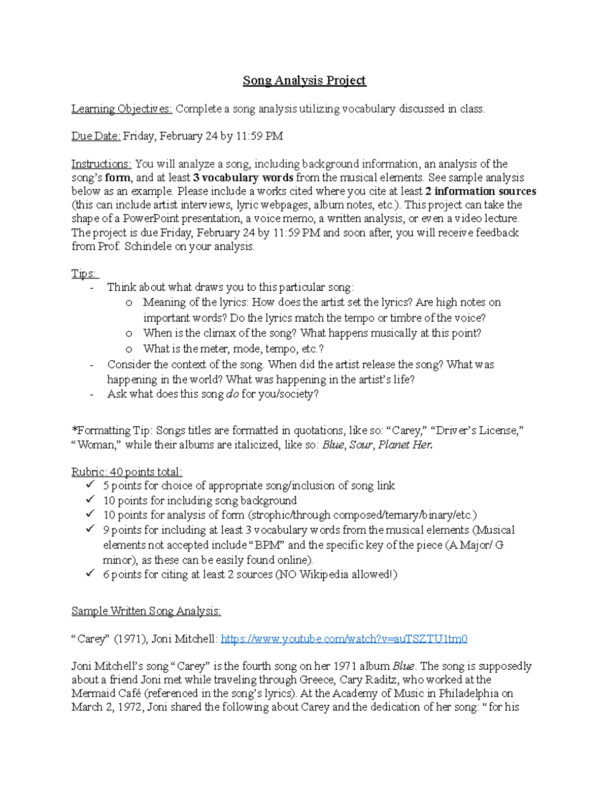 Song Analysis Project S23: A Study of Joni Mitchell's "Carey" - Studocu