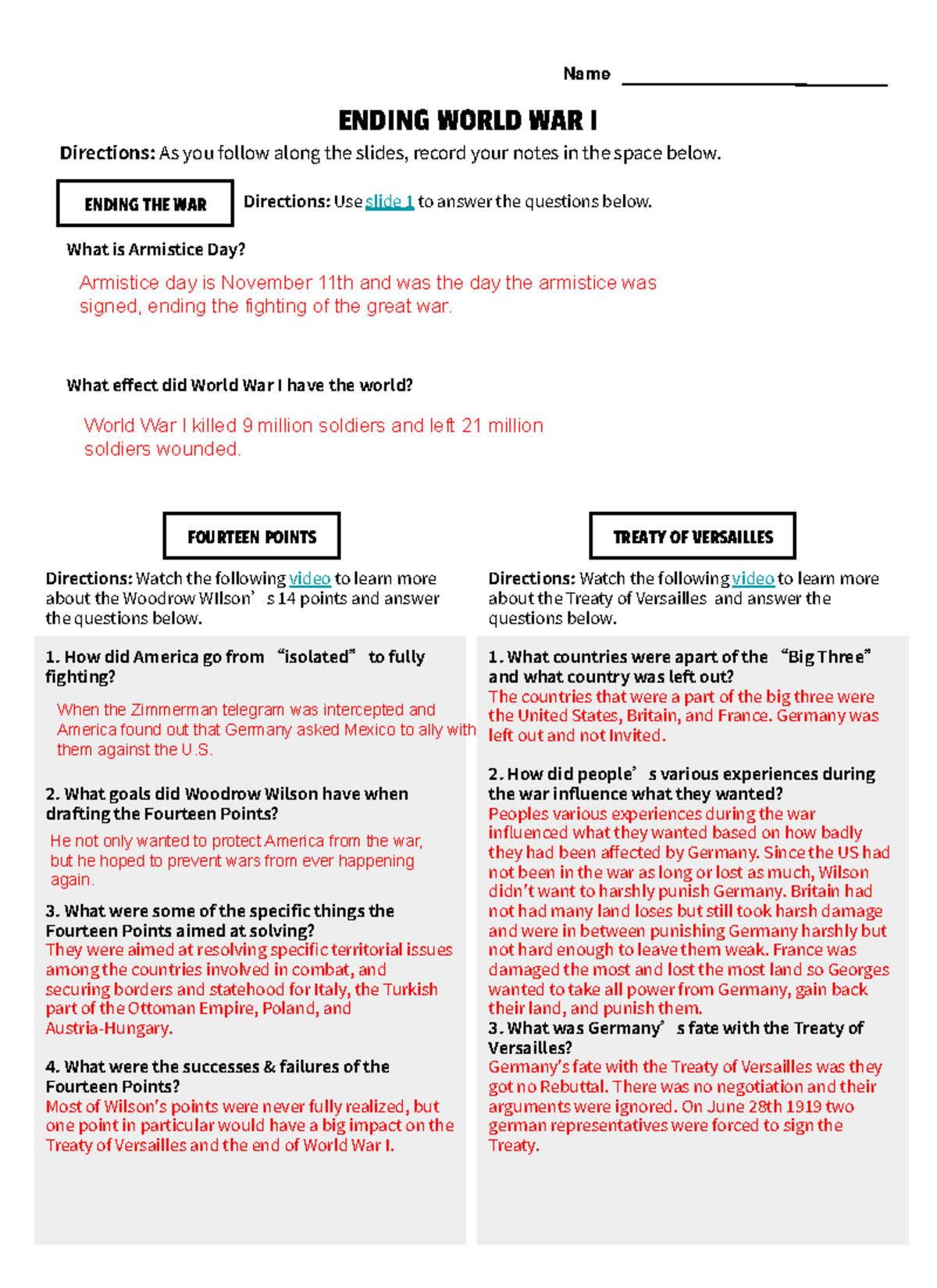 Copy of Printable End of World War I Packet - Name Directions: As you ...