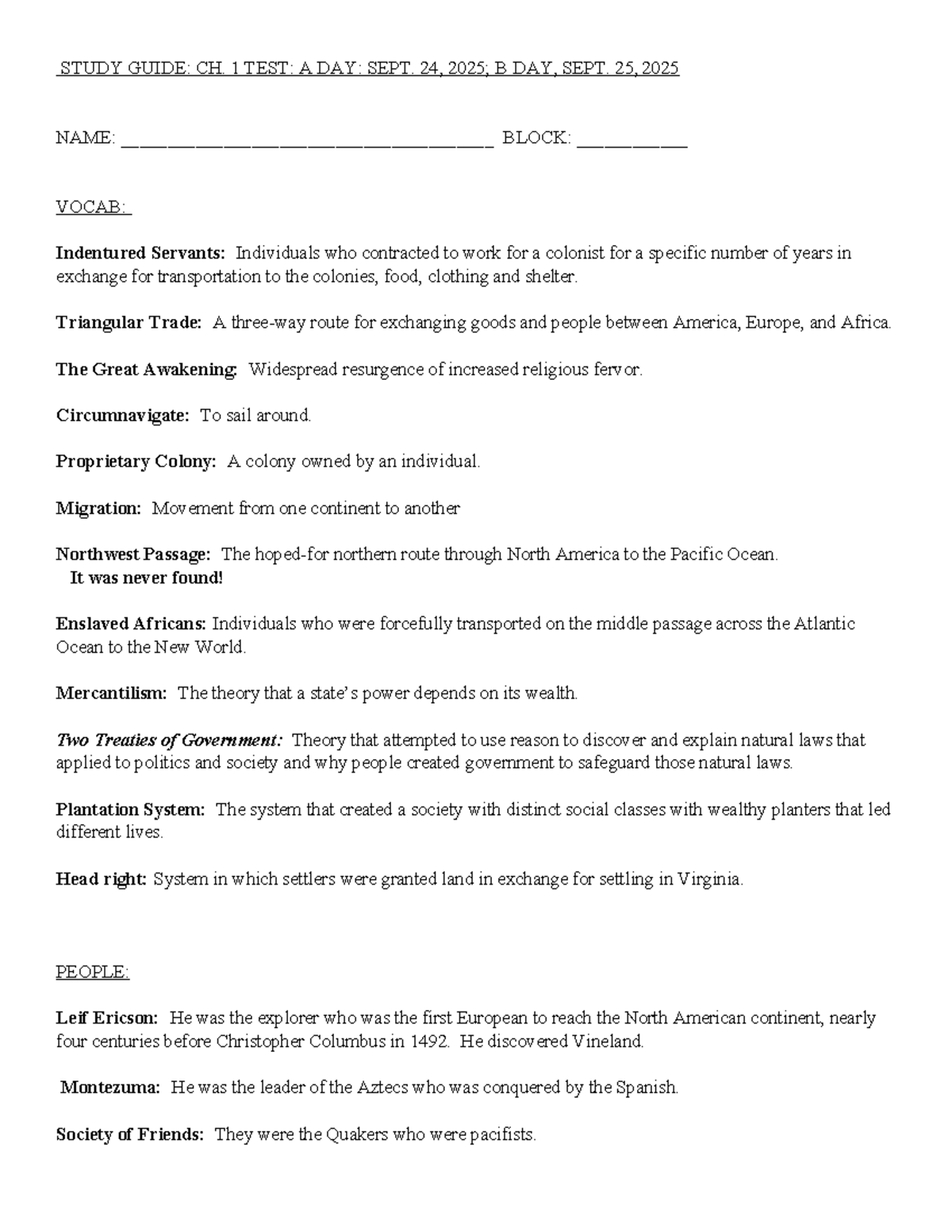 Study Guide: CH. 1 Test on Early American History (Sept. 2025) - Studocu