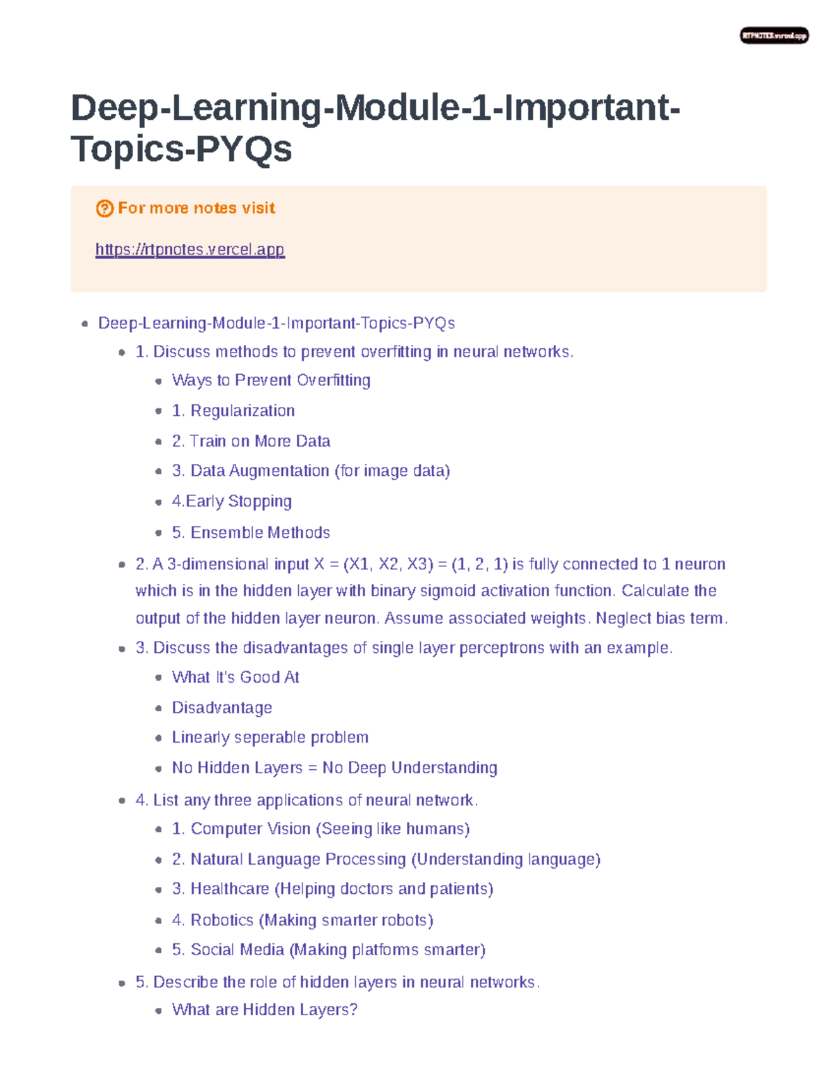 Deep Learning Module 1: Key Topics & PYQs for Exam Prep - Studocu