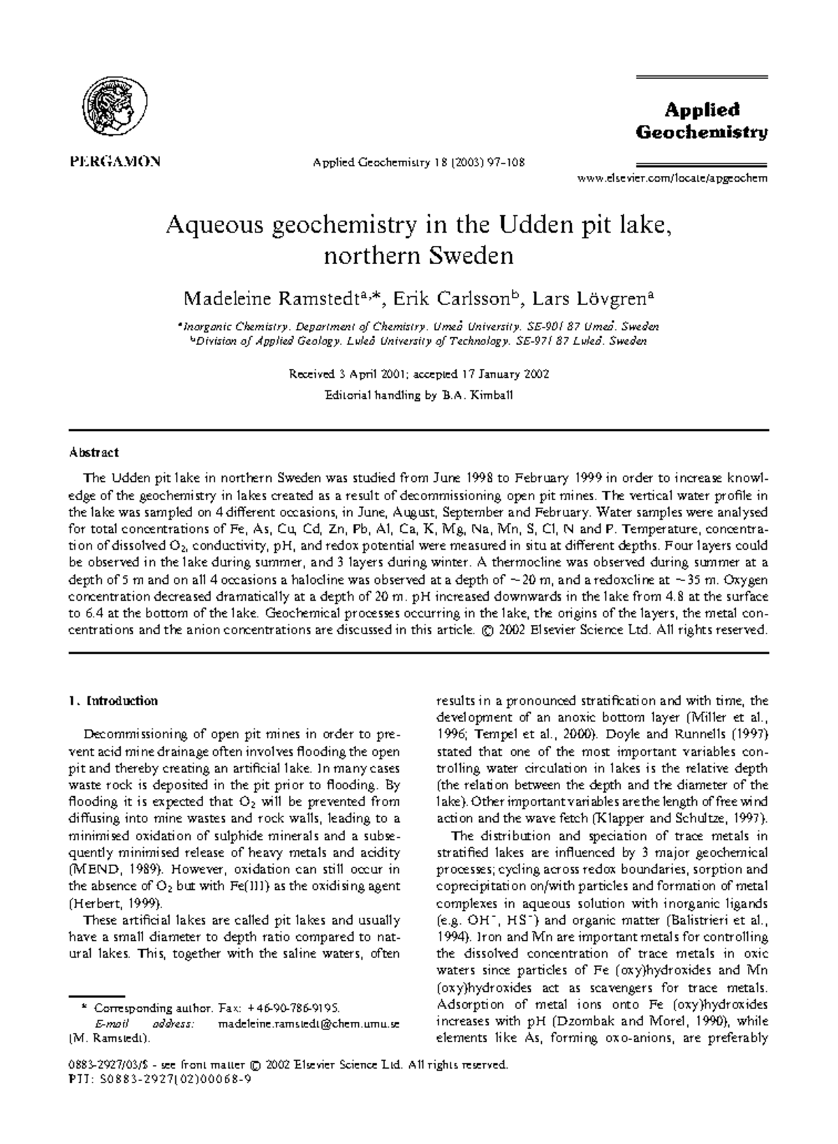 Aqueous Geochemistry and Stratification in Udden Pit Lake, Sweden - Studocu