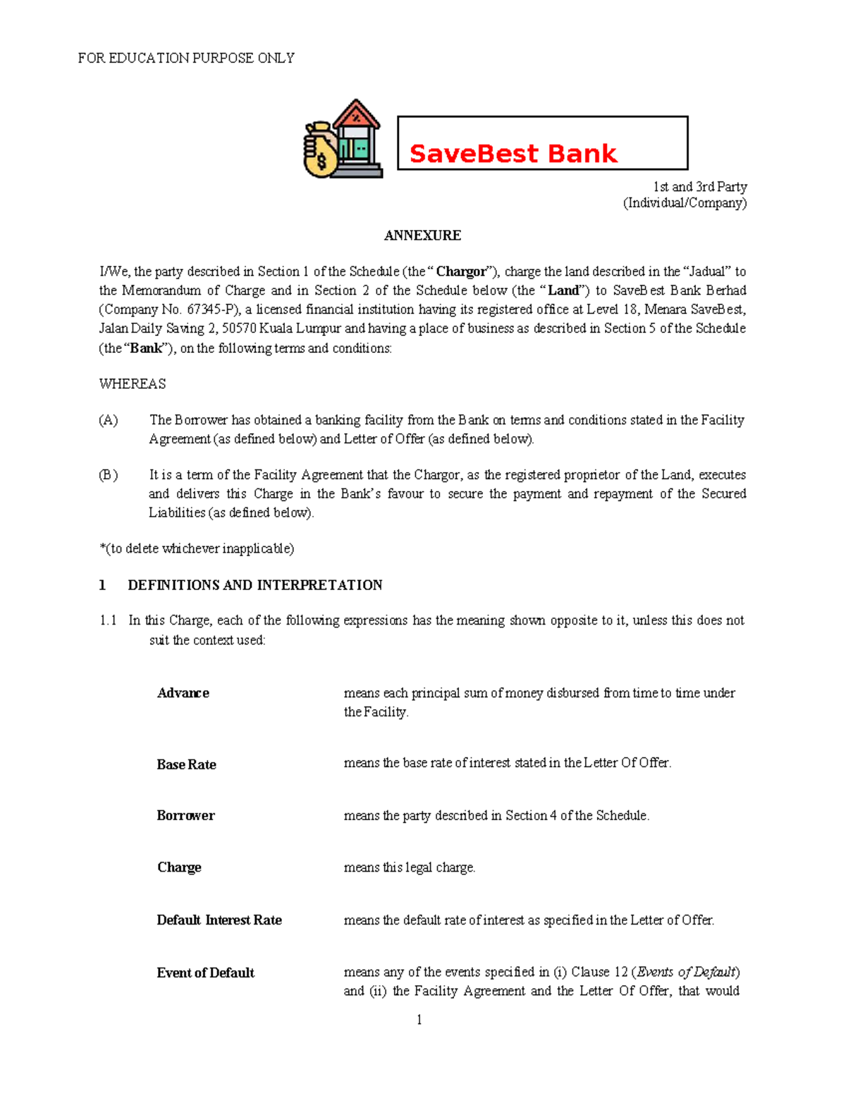Charge Annexure Example for SaveBest Bank Facility Agreement - Studocu