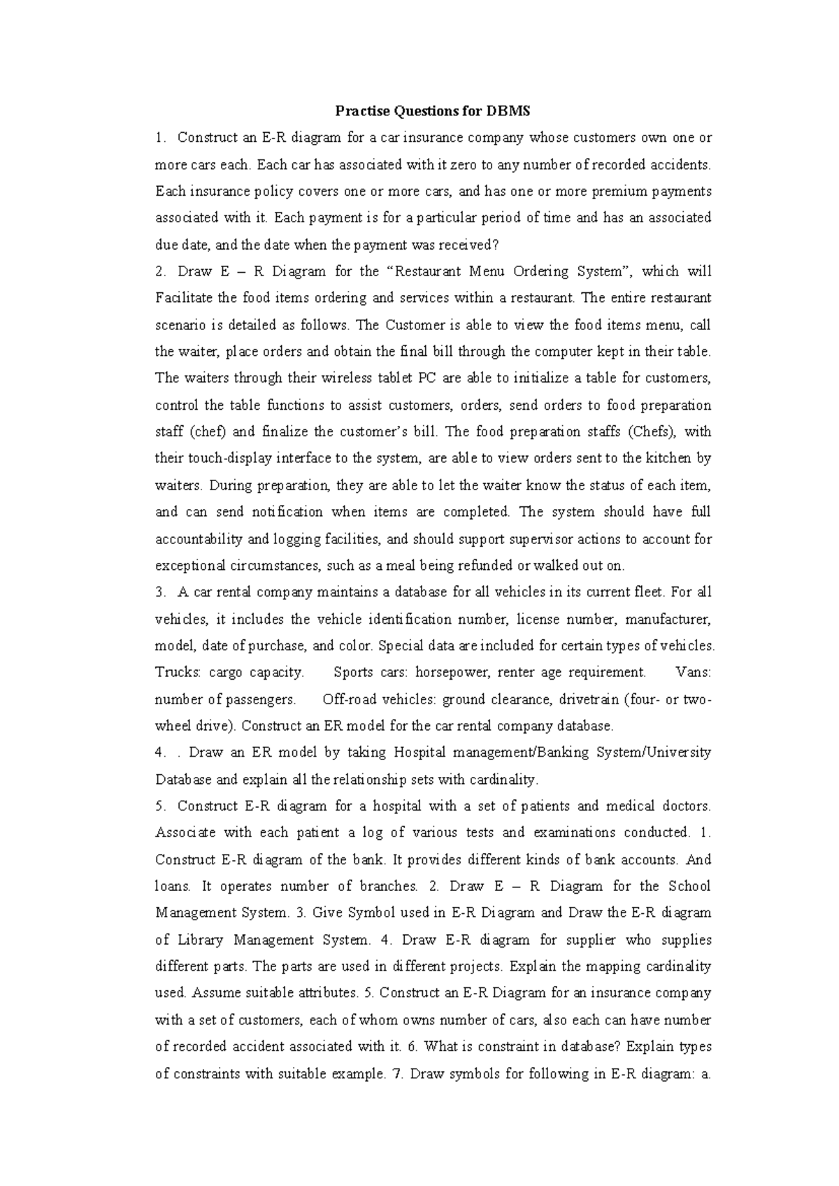 E-R Diagram Practice Questions for DBMS [CE/CSE/IT] - Studocu