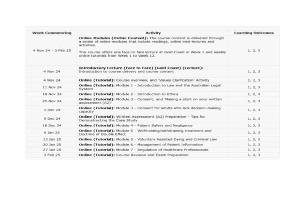 Legal Weekly Outline - Week Commencing Activity Learning Outcomes ...