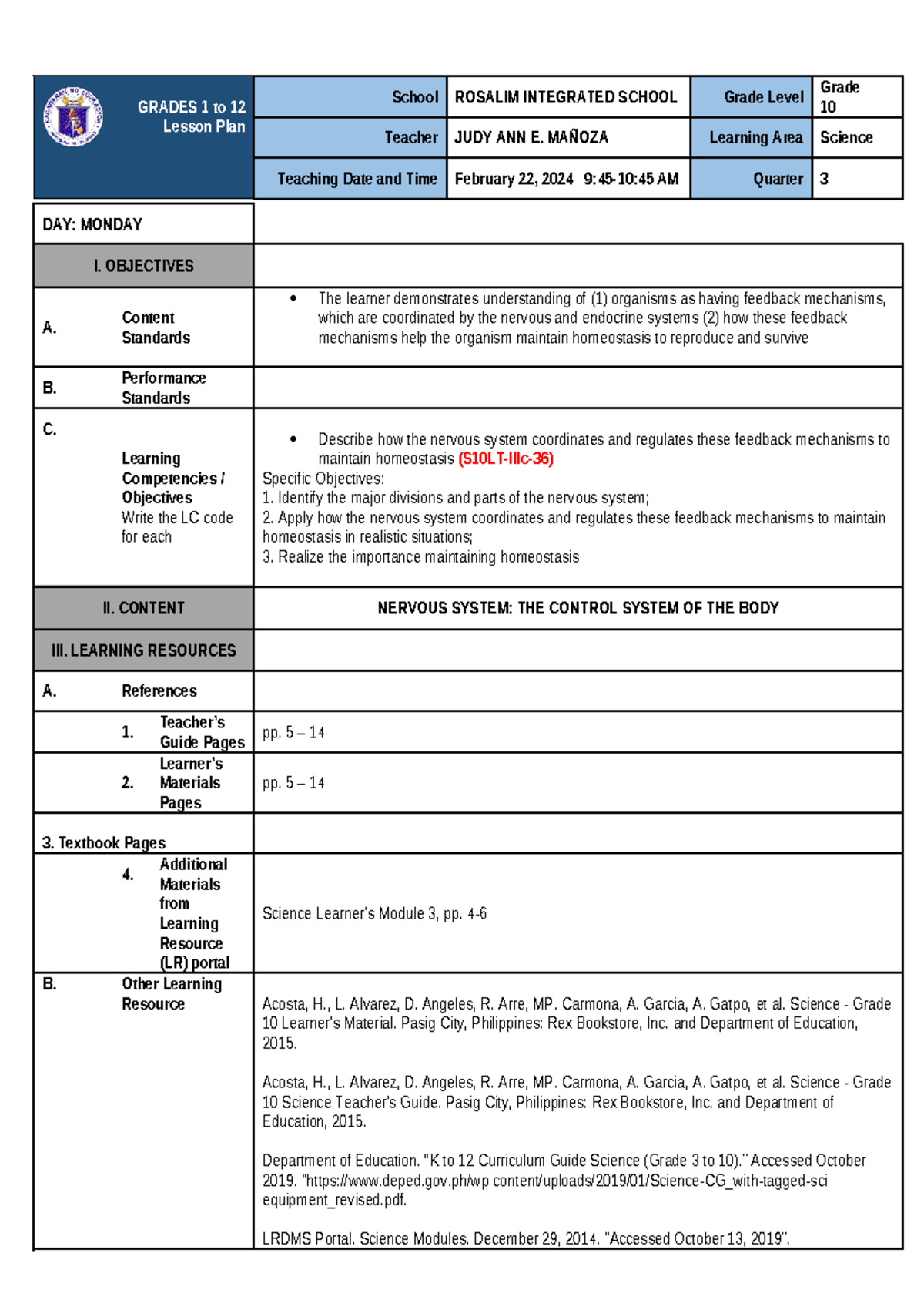 CO Q3 - Grade 10 - Lesson Plan on Homeostasis and Nervous System - Studocu
