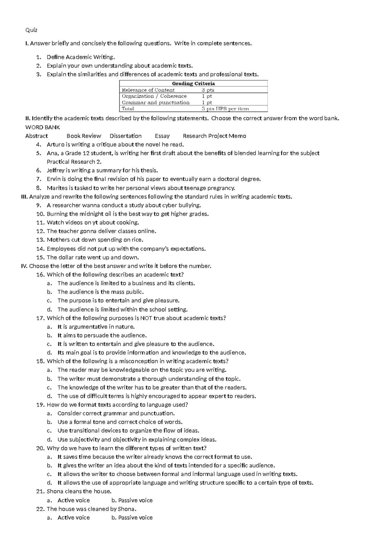 Quiz on Academic Texts and Writing Standards - Studocu