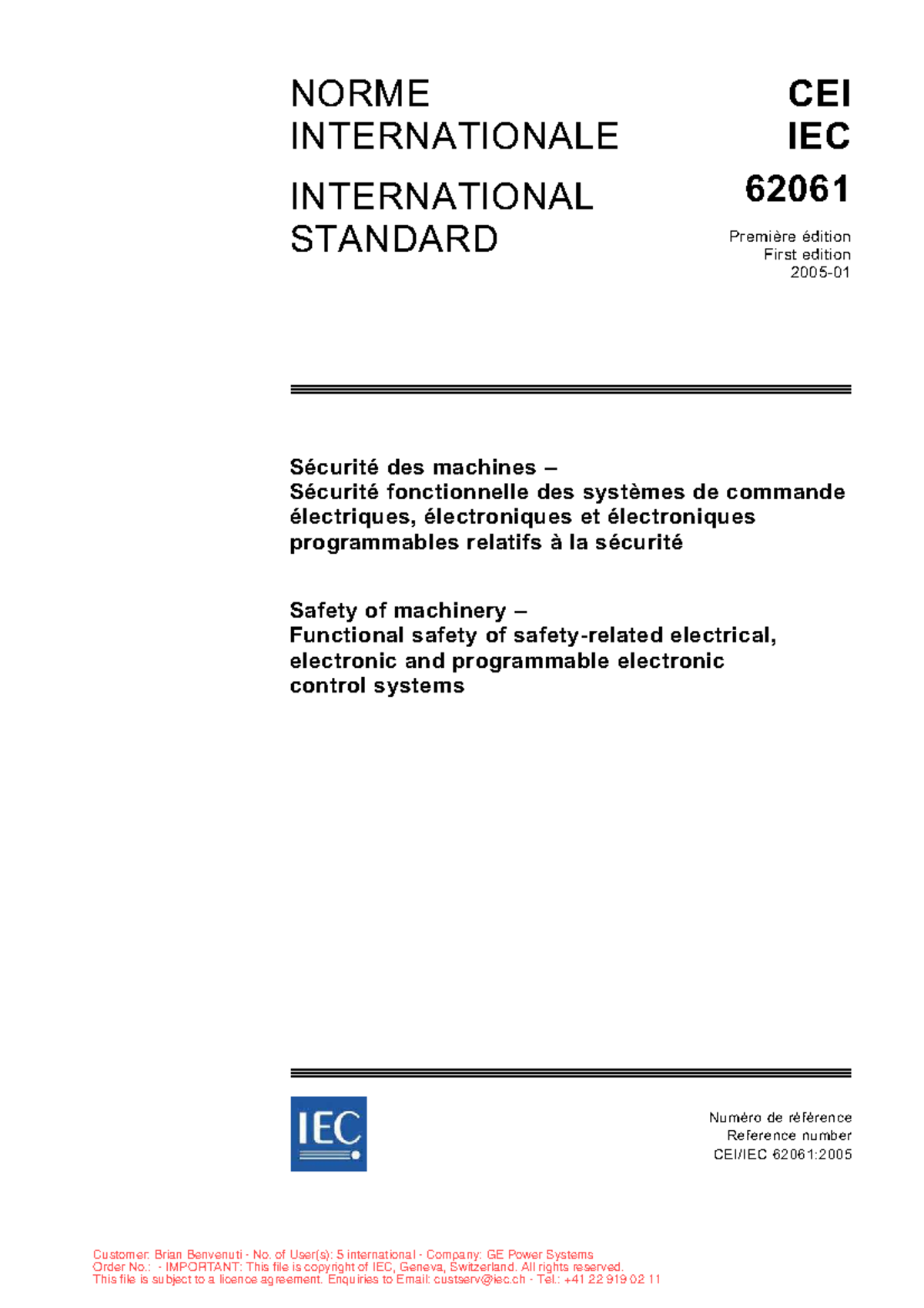 IEC 62061:2005 - Functional Safety of Electrical Control Systems - Studocu