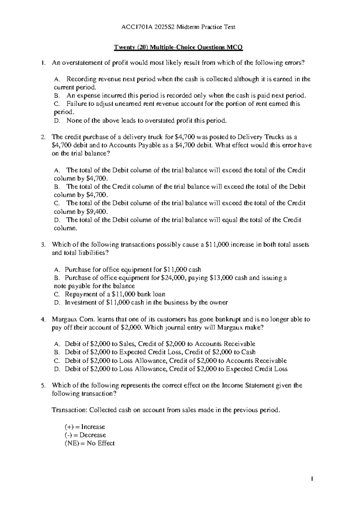 ACC1701A 2025S2 Midterm Practice Test - 20 MCQ Questions - Studocu