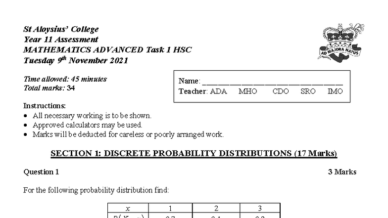 St College Year 11 HSC Mathematics Advanced Assessment Task 1 - Studocu