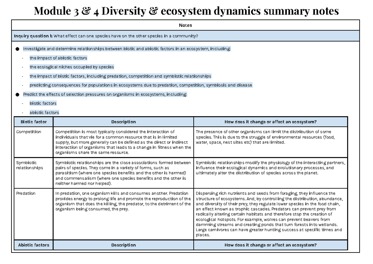 Module 3 & 4: Diversity & Ecosystem Dynamics Summary Notes - Studocu