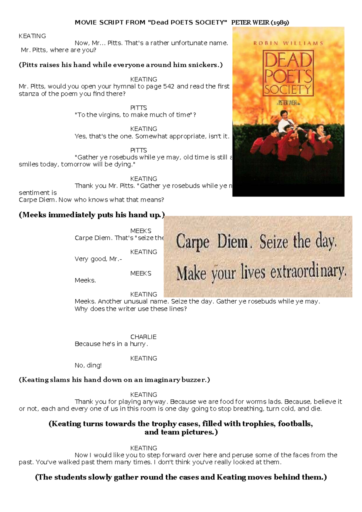 DEAD Poets Society Script Analysis (1989) - Studocu