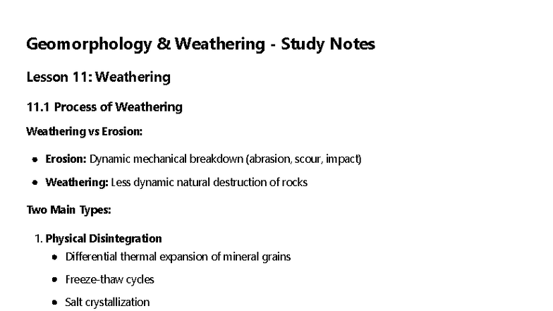 Geomorphology & Weathering - Lesson 11 Study Notes (GEOM 101) - Studocu