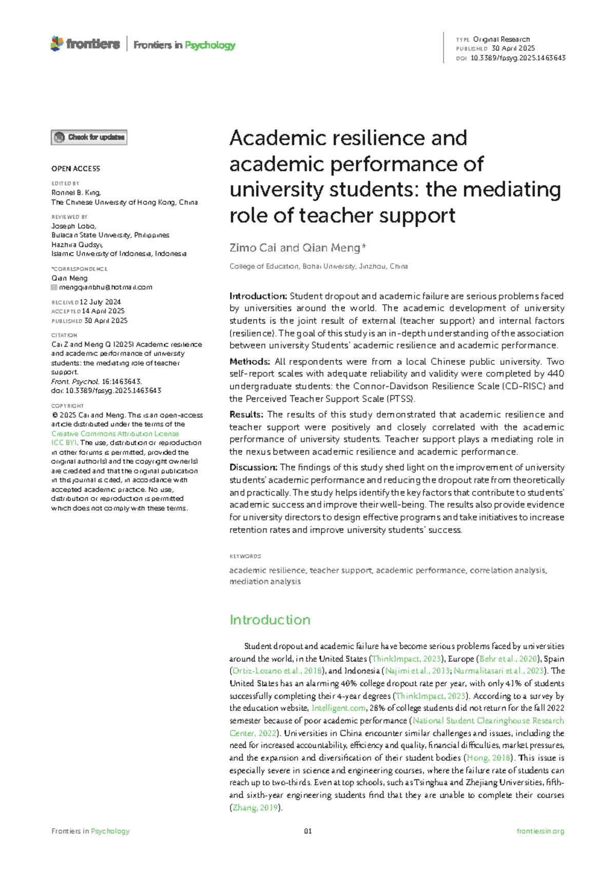 Academic Resilience and Performance in University Students: Mediating ...