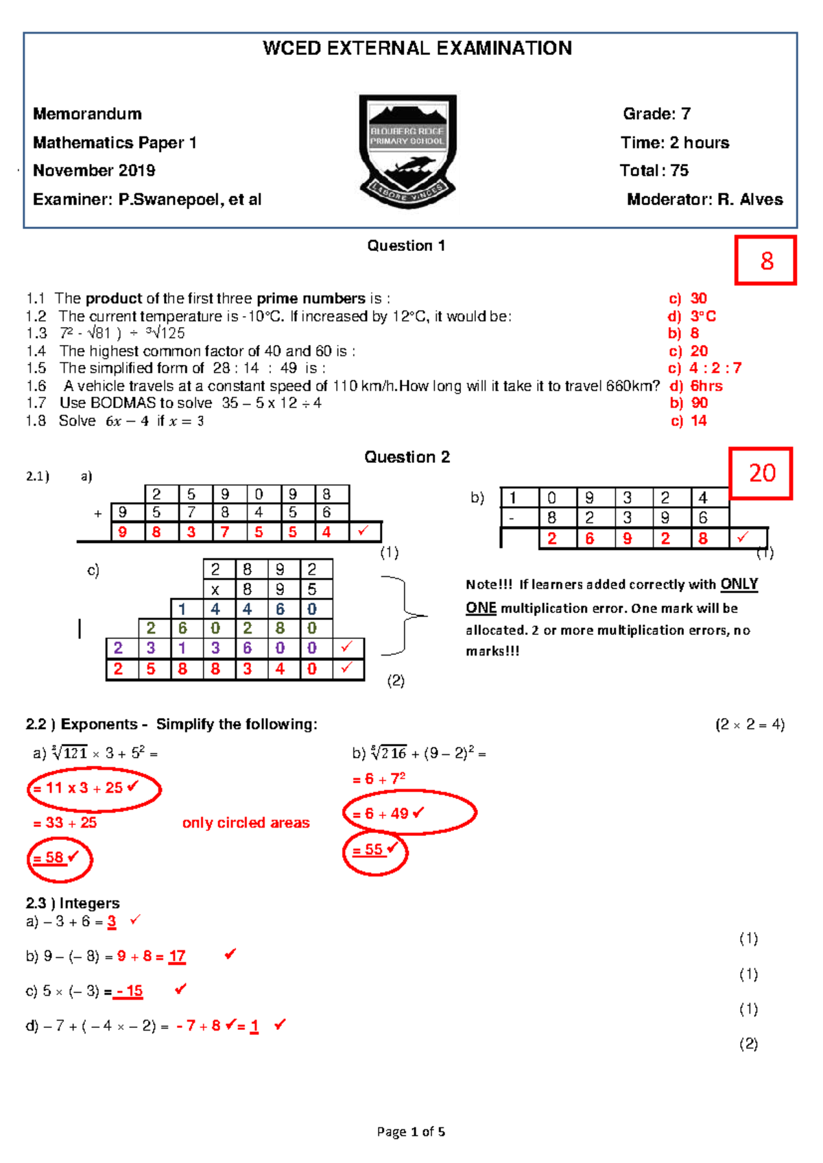 Grade 7 Mathematics Final Exam Memorandum (Paper 1) 2019 - Studocu
