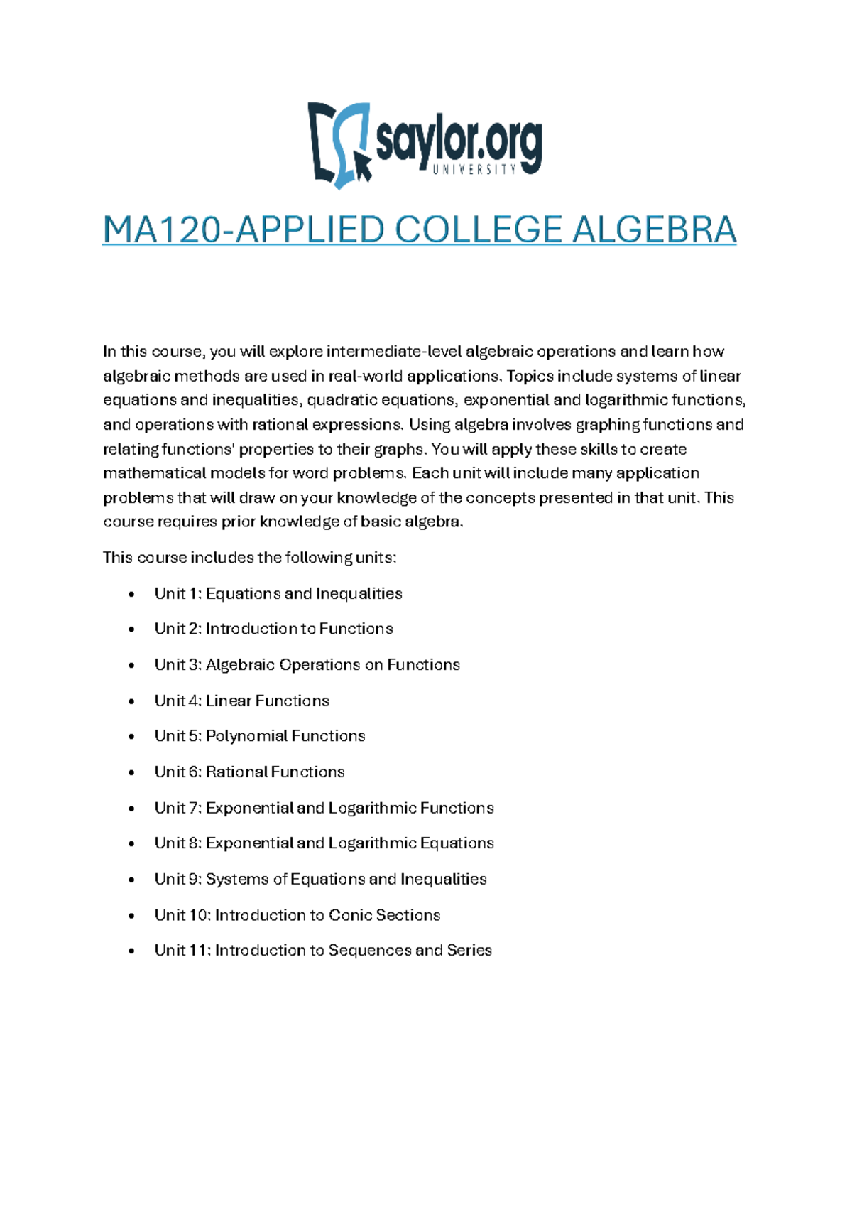 MA120 - Algebraic Operations & Applications Course Outline - Studocu