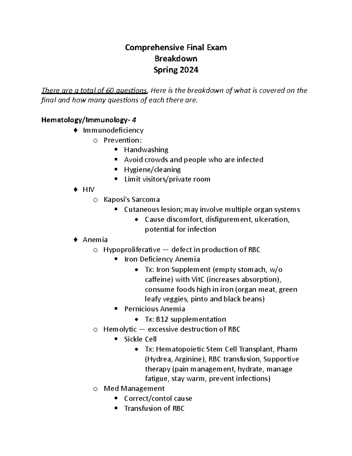 NUR 202 Comprehensive Final Exam Breakdown Spring 2024 - Studocu