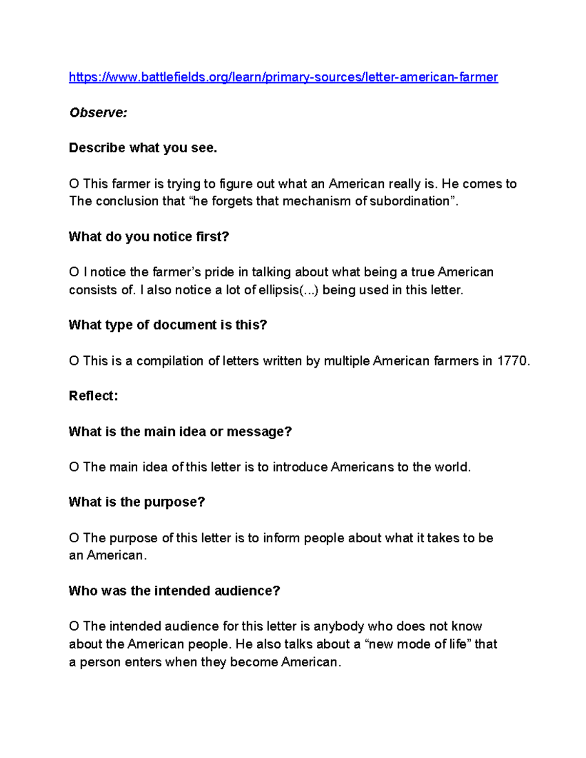 Primary Source Analysis: Letter from an American Farmer - Studocu
