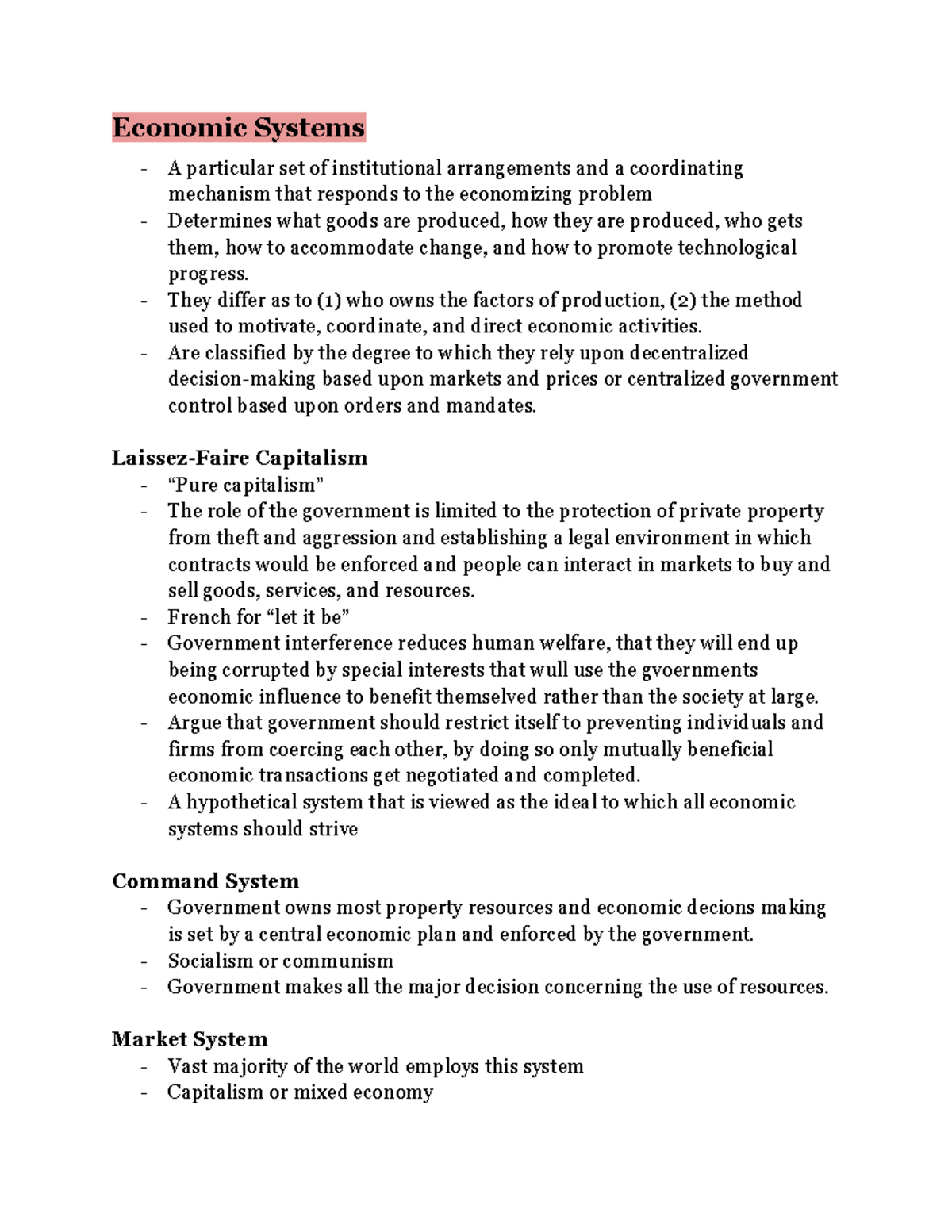 Economic Systems - They differ as to (1) who owns the factors of ...